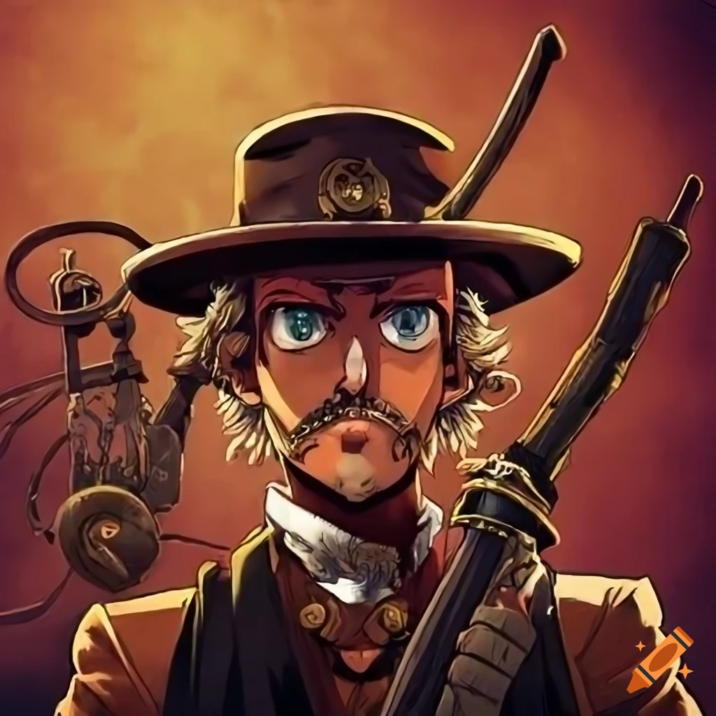 Poster of an American anime steampunk wild west outlaw gang on Craiyon