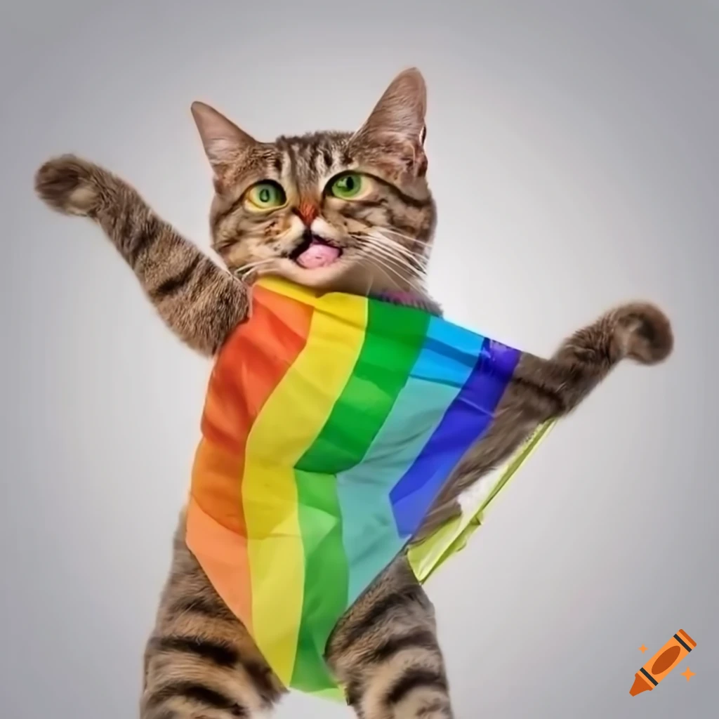 Smiling cat with pride flag in front of white background on Craiyon
