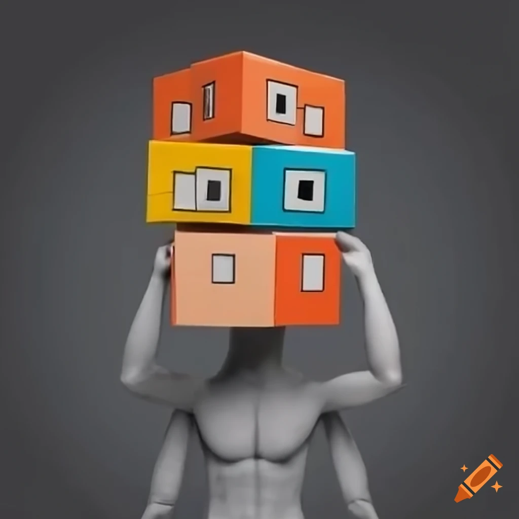 Artistic representation of a person with blocks on their head on Craiyon