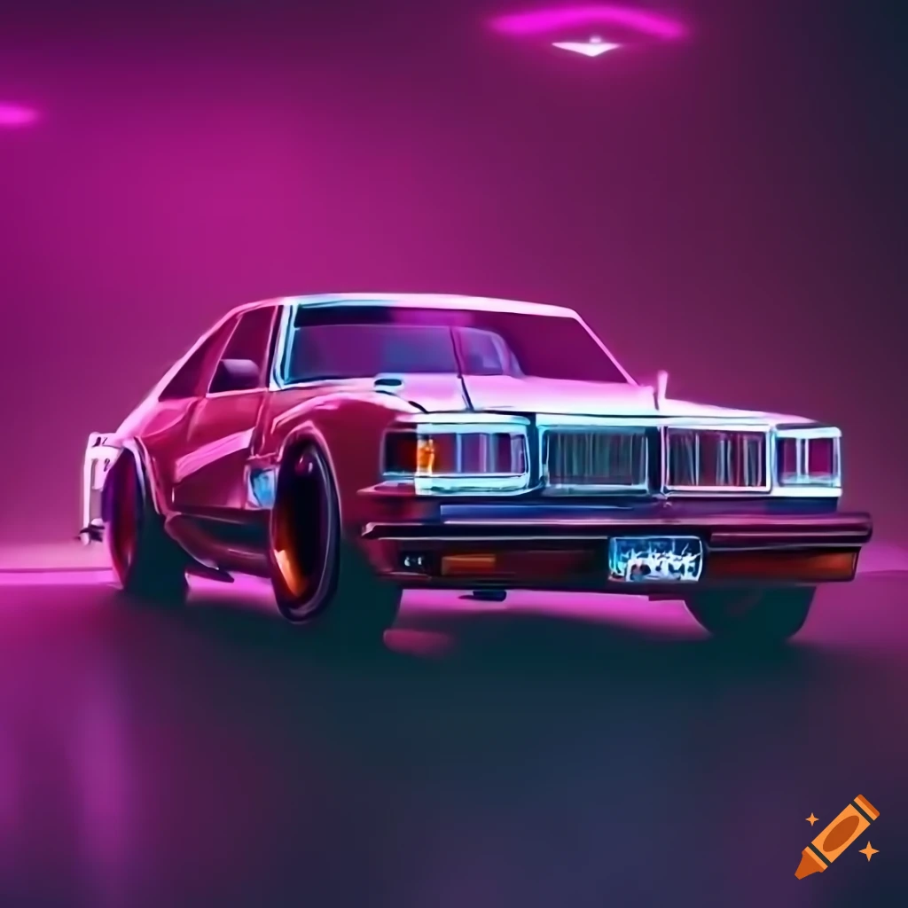 Render of a classic sports car with neon lights on Craiyon