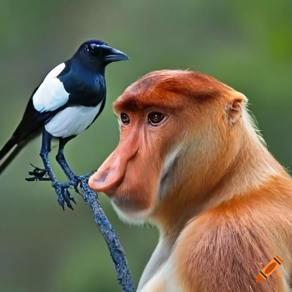 Proboscis monkey and magpie on Craiyon