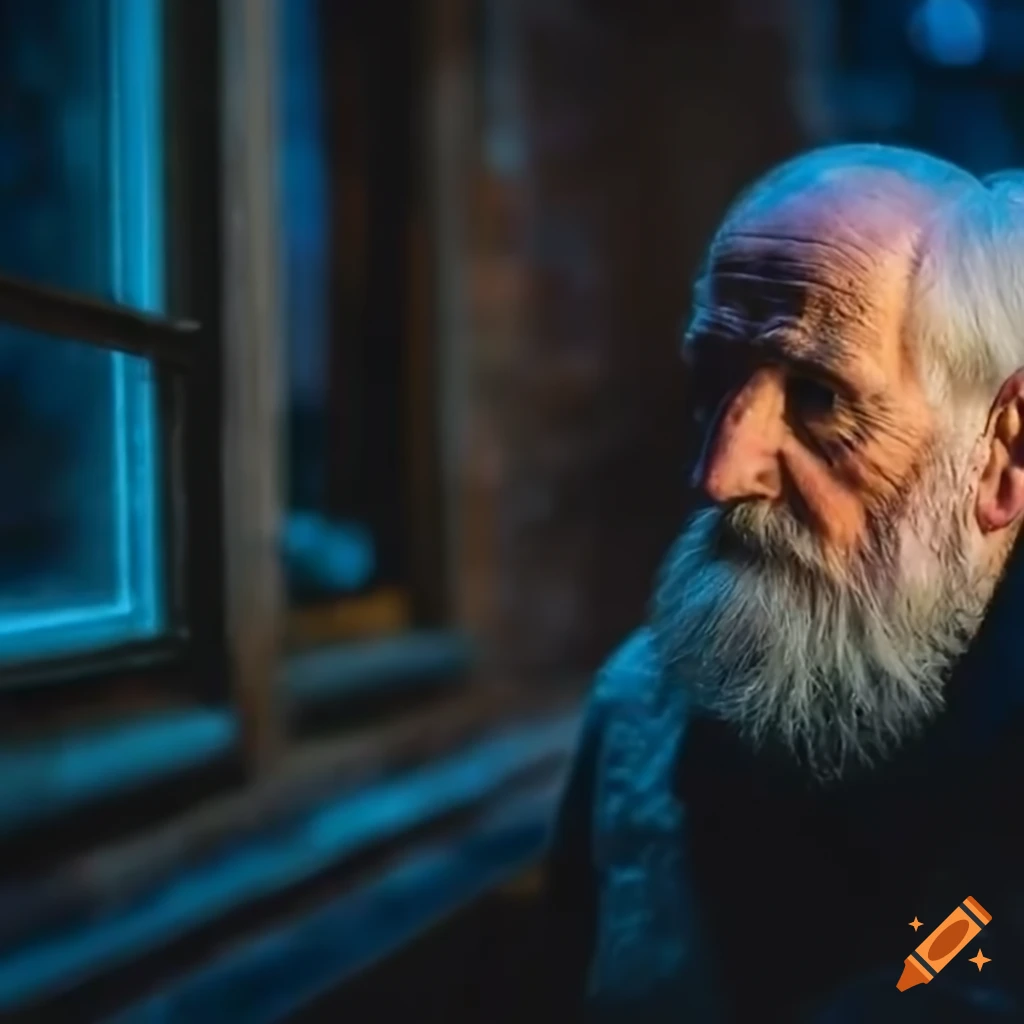 Portrait of an old man looking through a window