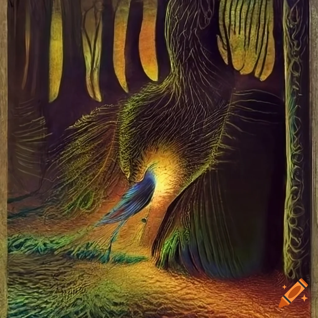 Illustration of a raven in a forest garden wearing a colorful hooded ...