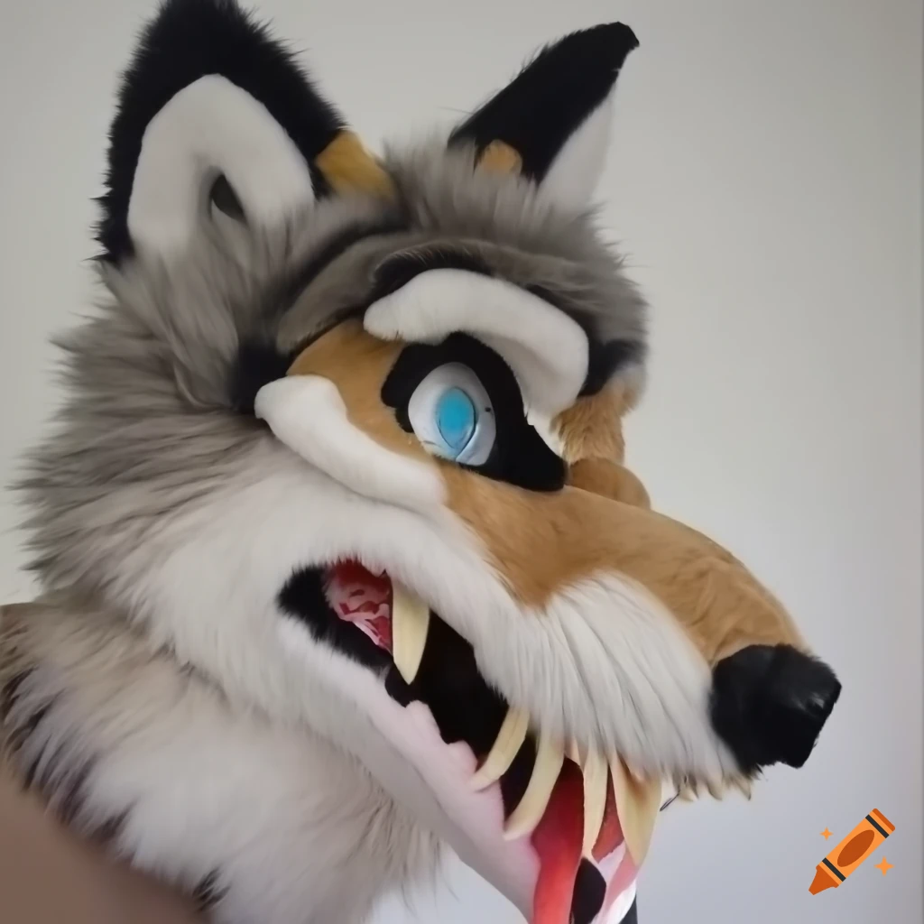 Side view of a wolf fursuit head with open mouth on Craiyon