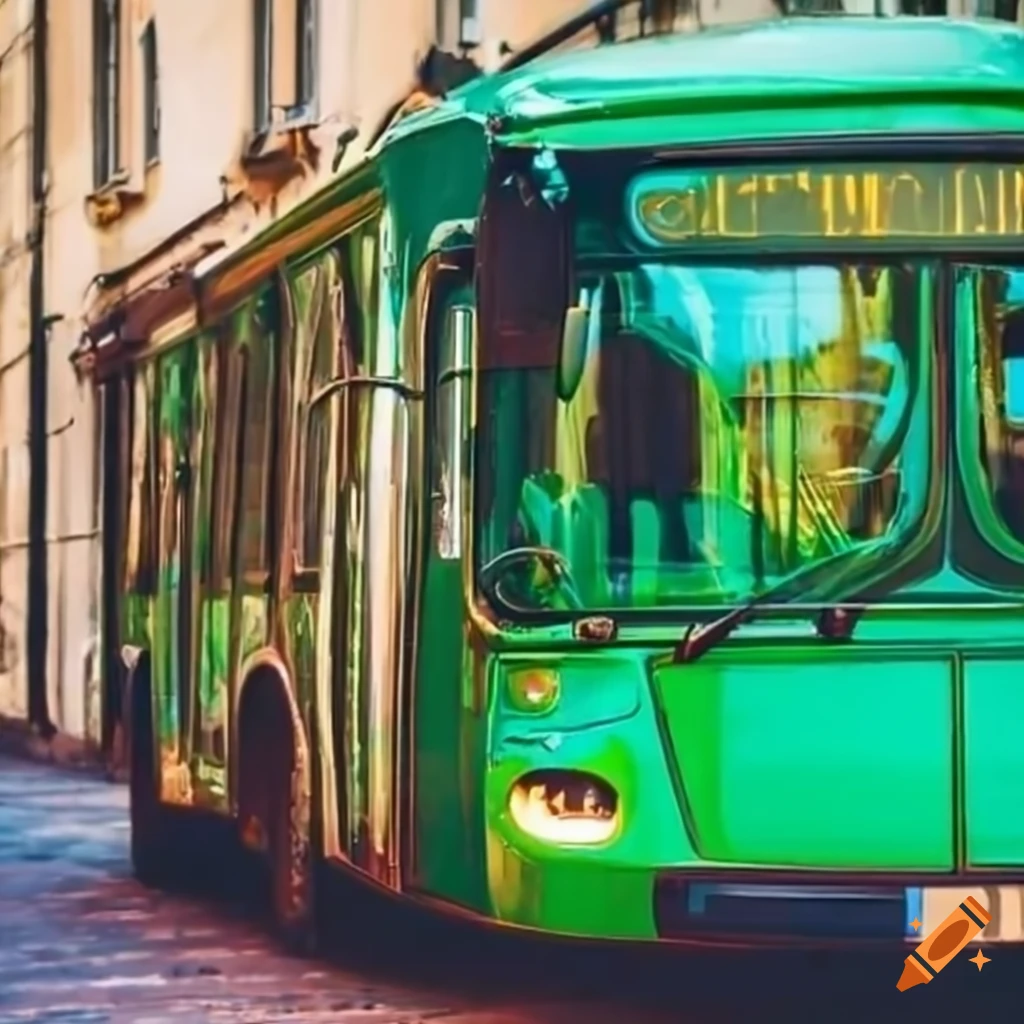 Vibrant green bus on a city street on Craiyon