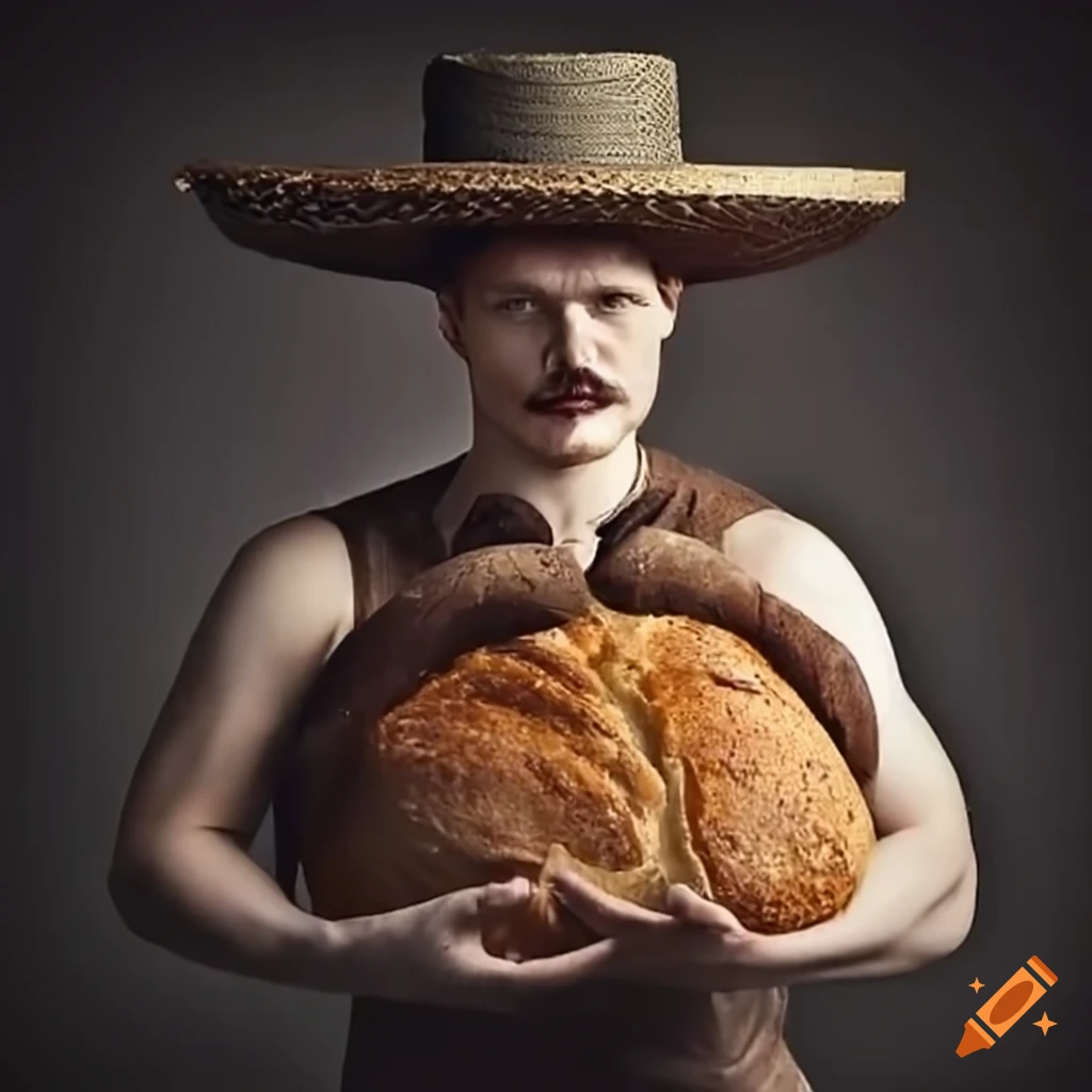 Tobias Ejersbo with a mustache and sombrero carrying bread on Craiyon