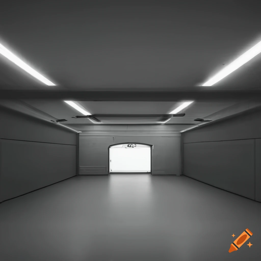 Bright and clean garage interior with garden view on Craiyon