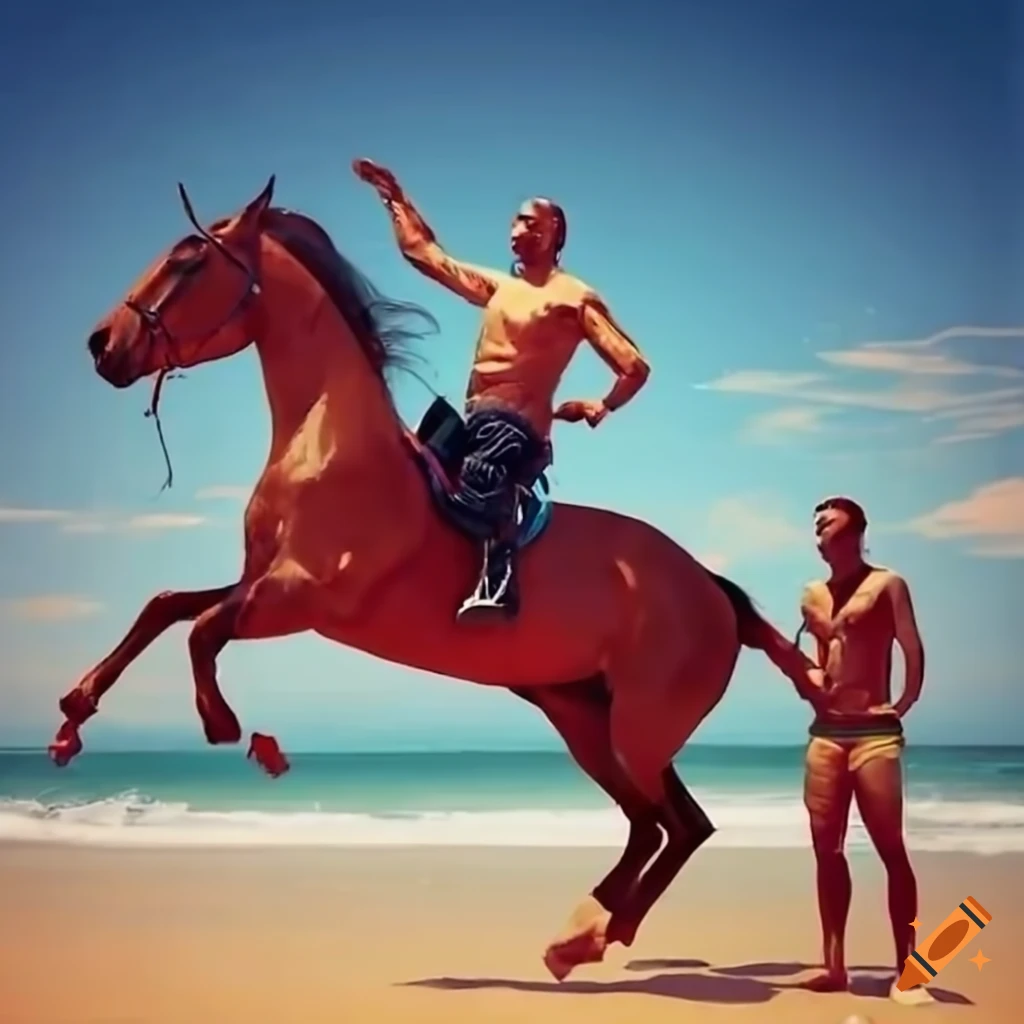 Man riding a beautiful thoroughbred mare on the beach on Craiyon