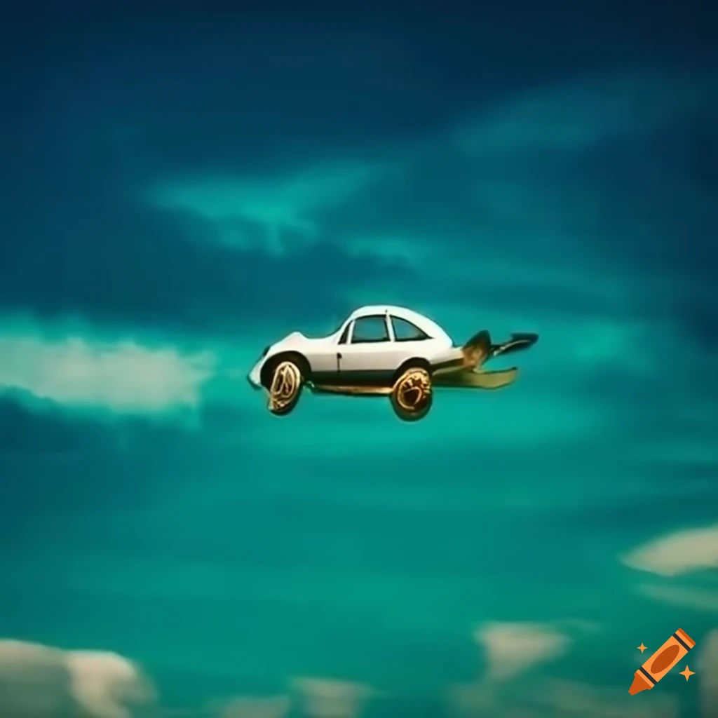 Bright green flying volkswagen car on clouds on Craiyon