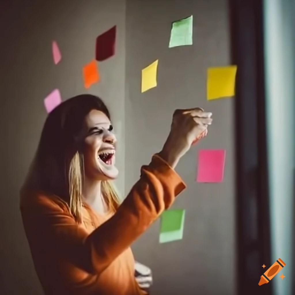 People laughing while applying sticky notes during a ux workshop on Craiyon