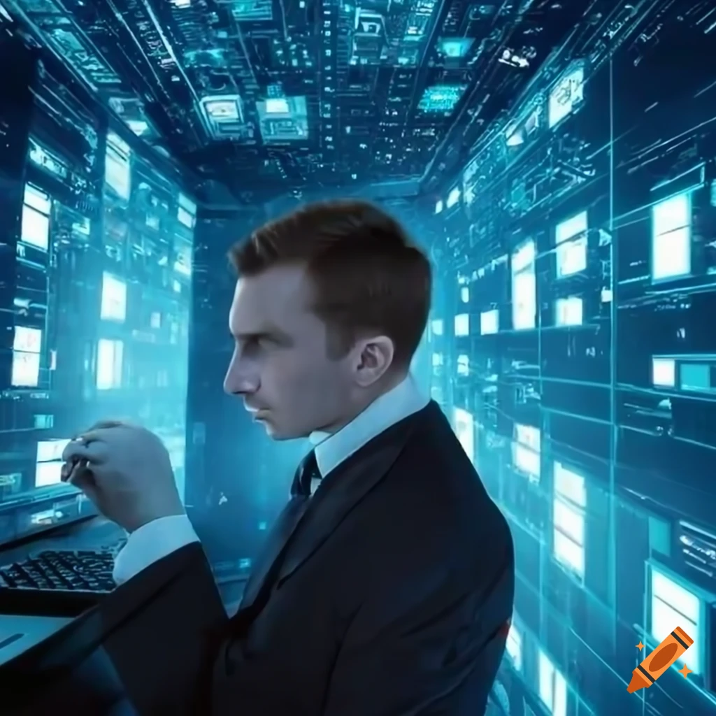 Business man in suit working with digital technology on Craiyon