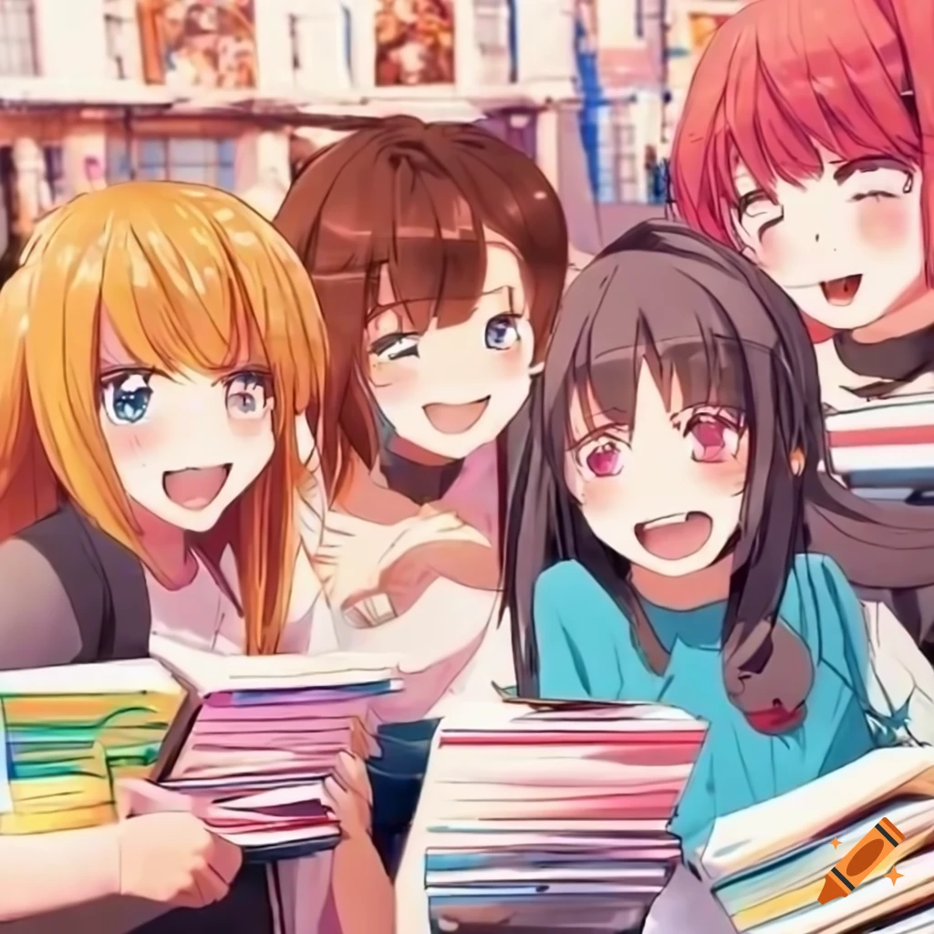 Anime girls browsing books at an outdoor market