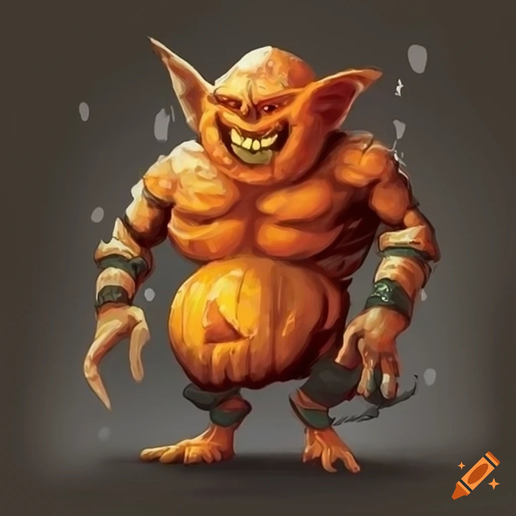Illustration of a scary goblin with pumpkin-like features