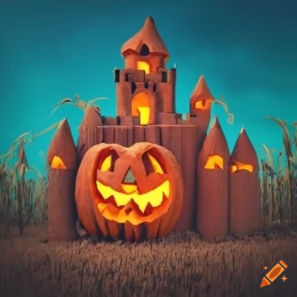 Intricate pumpkin castle in a corn field on Craiyon