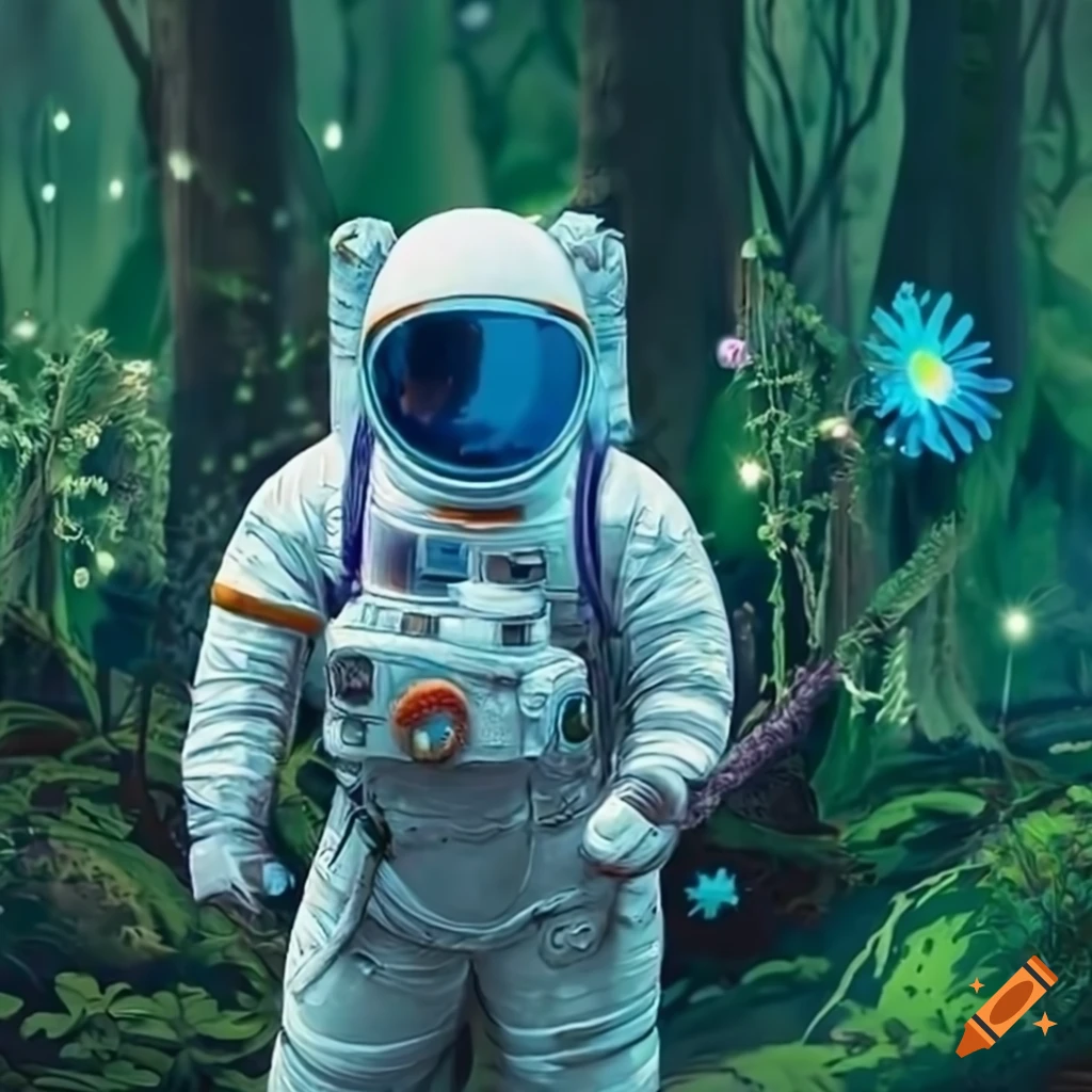 Astronaut exploring a magical forest