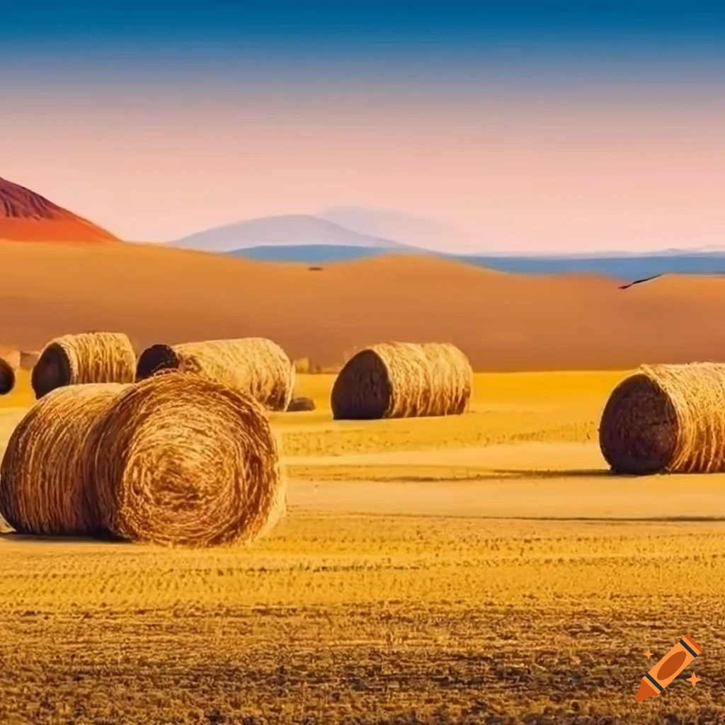 Desert landscape with scattered hay stacks