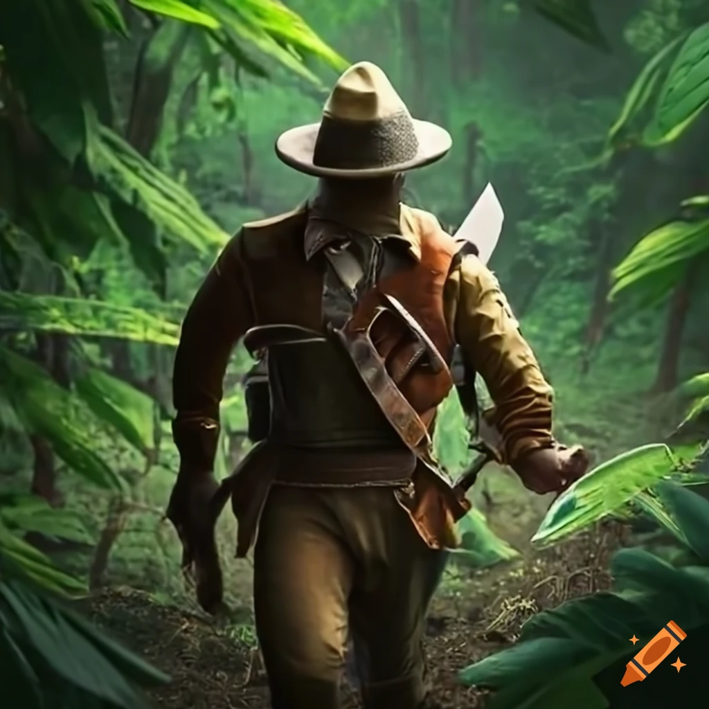 Image of an adventurer running through the jungle on Craiyon