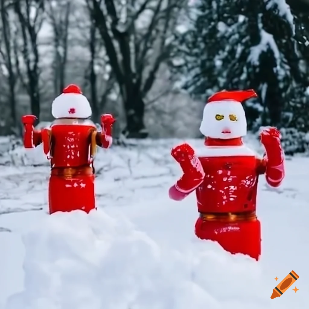 Festive winter robots having a snowball fight