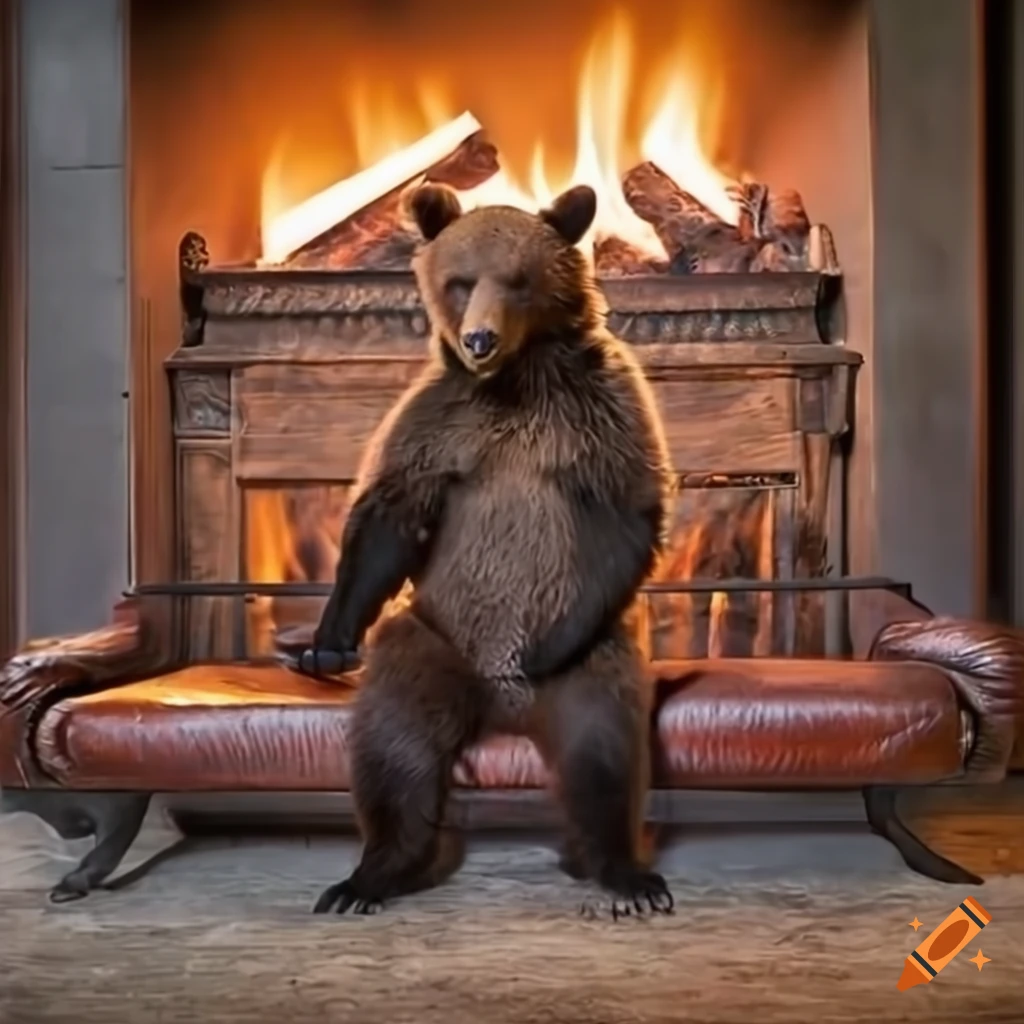 Bear sitting by a fireplace on Craiyon