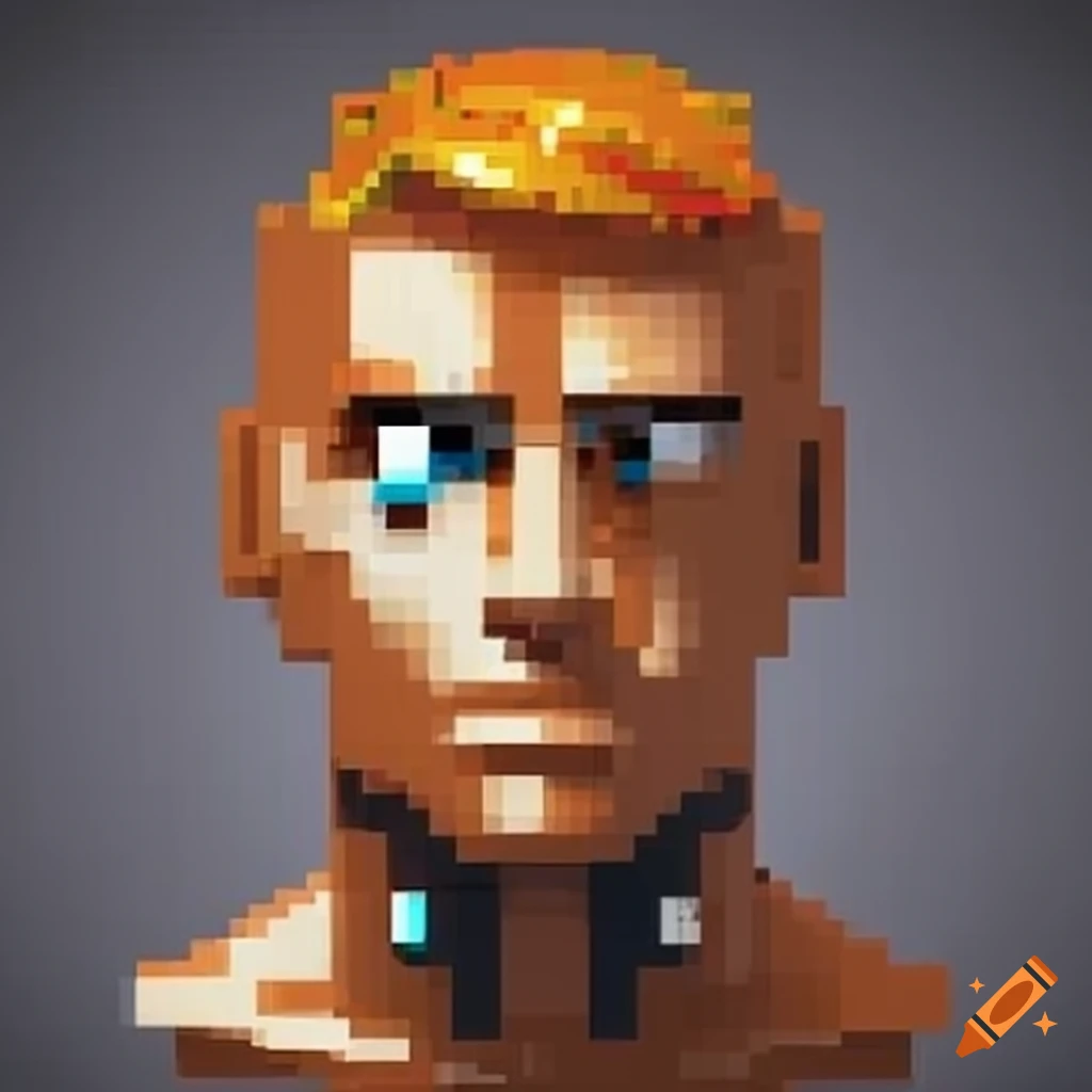 Pixel art sculpture of an 80s style android bust