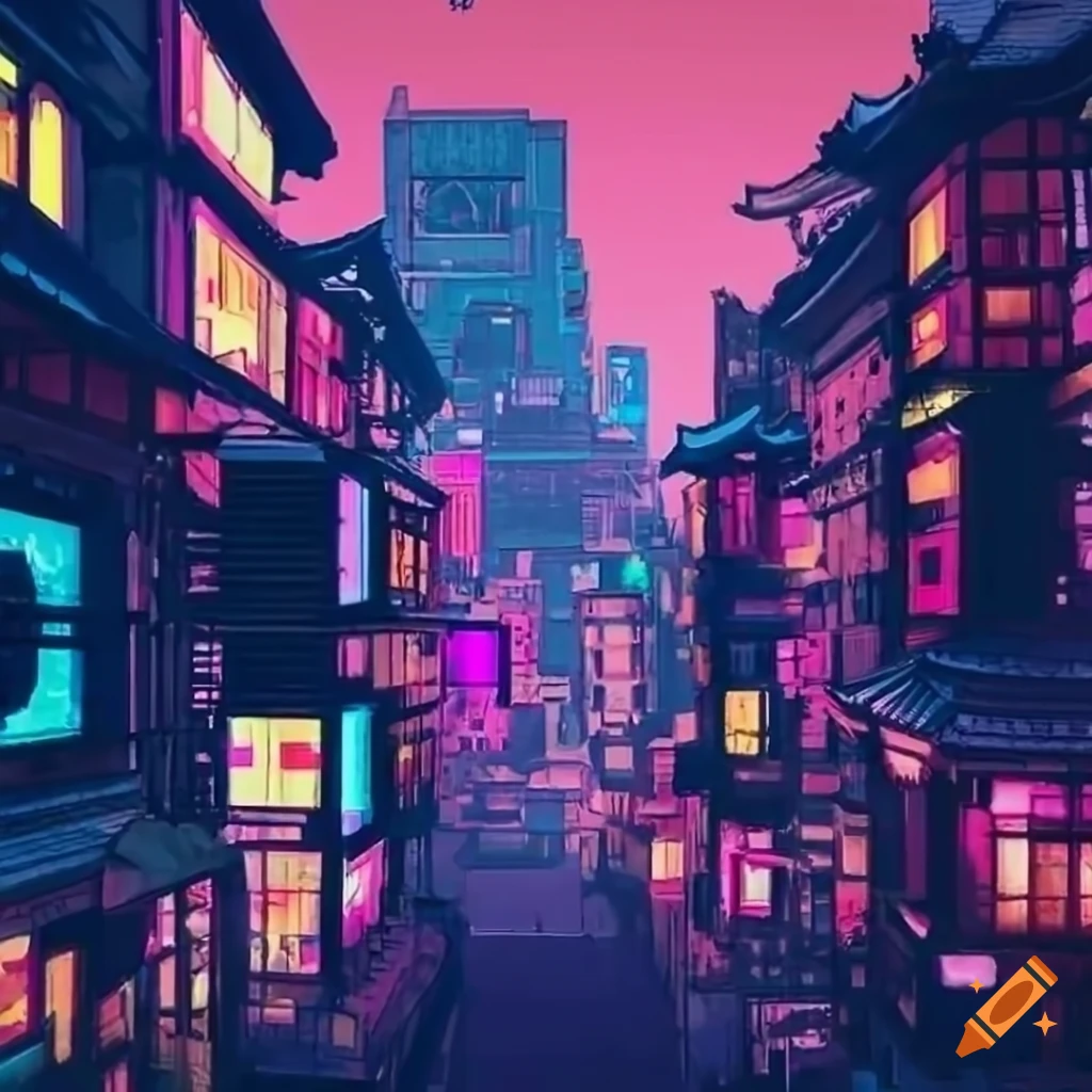 Traditional japanese cyberpunk city rooftops