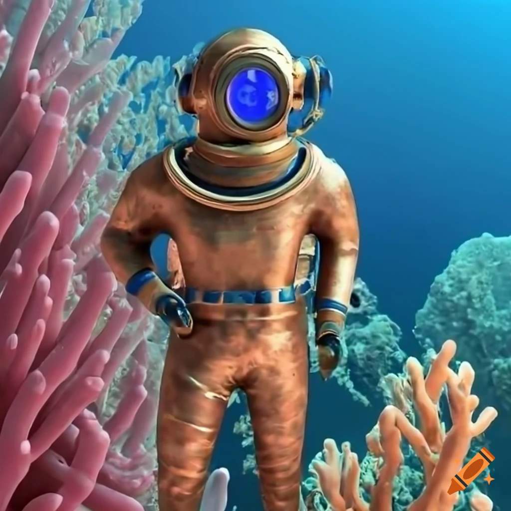 3D rendering of an old copper diving suit among vibrant corals on Craiyon