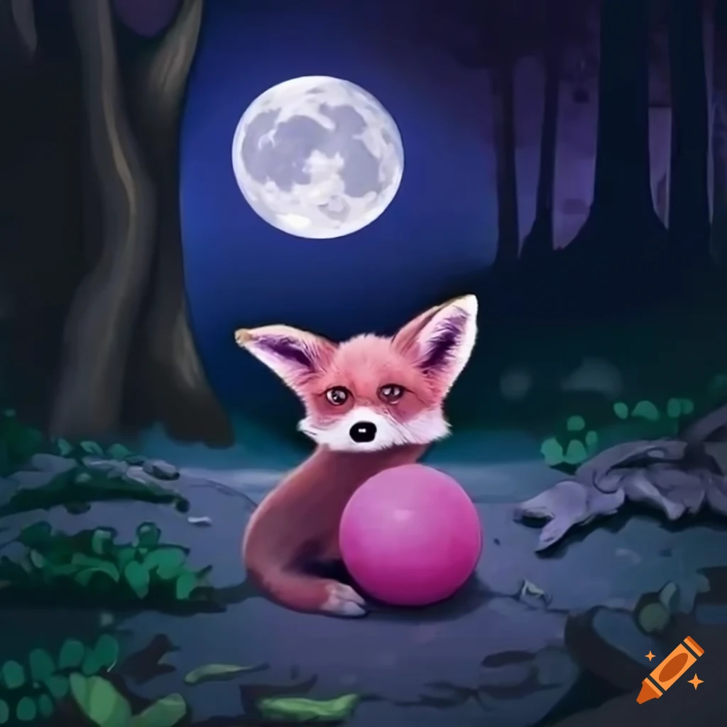 Baby pink fox playing with a purple ball under a full moon on Craiyon