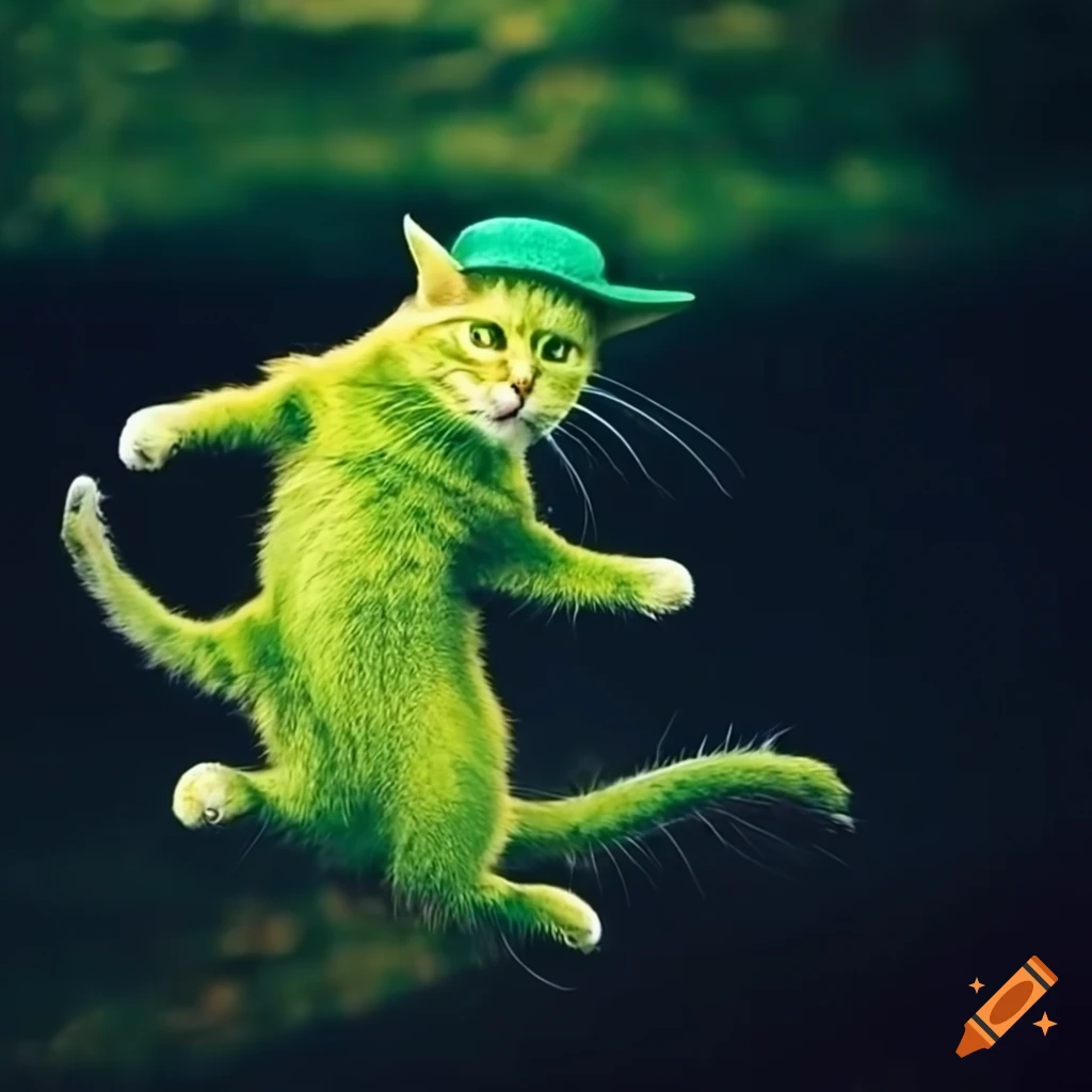 Illustration of a cat jumping over a river in a storm on Craiyon