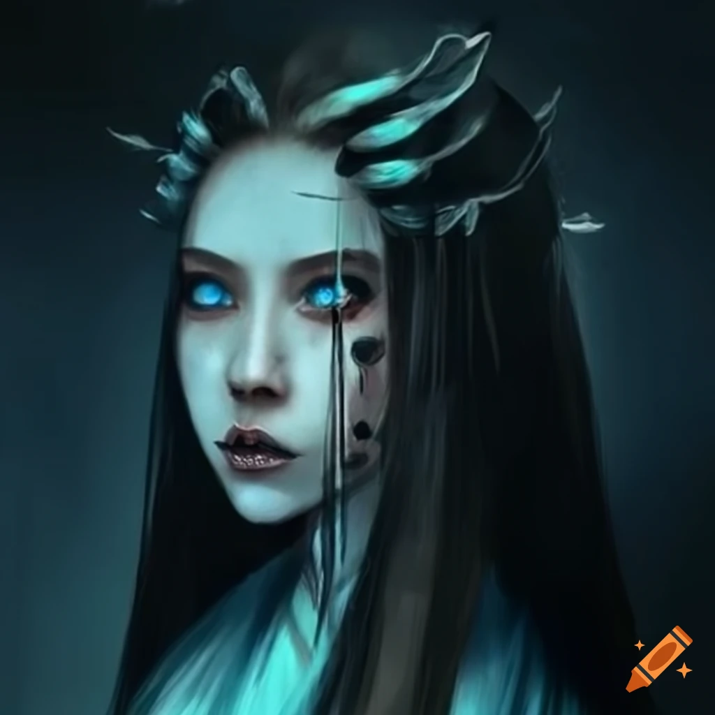 Artistic depiction of a yurei with intense blue eyes on Craiyon