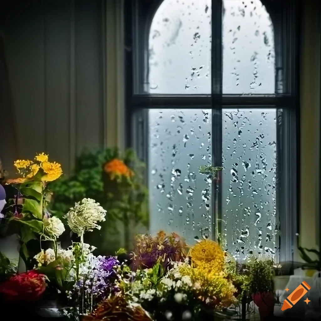 View through a bay window during a summer rainstorm on Craiyon