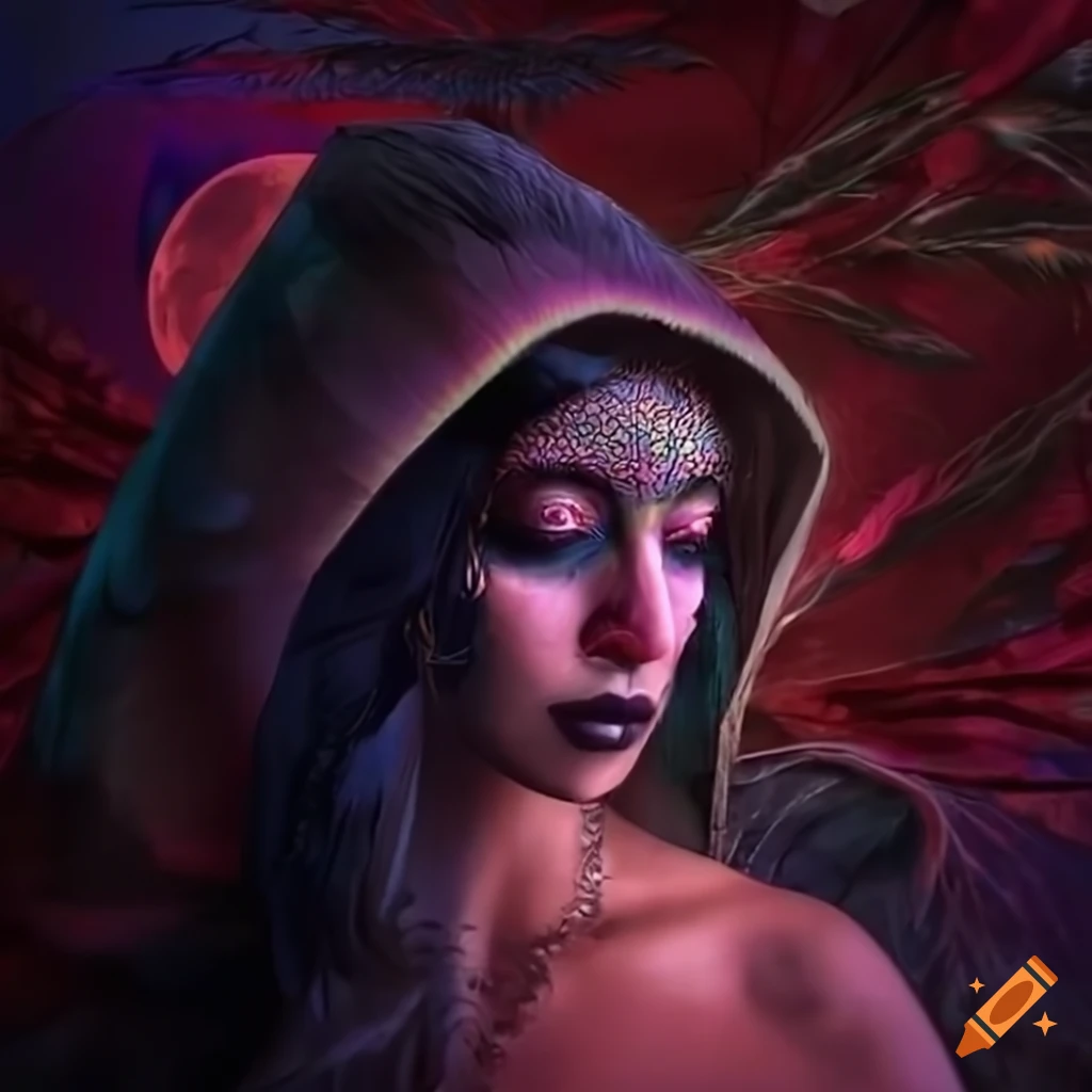 Image of a mystical curandera and a raven in a forest on Craiyon