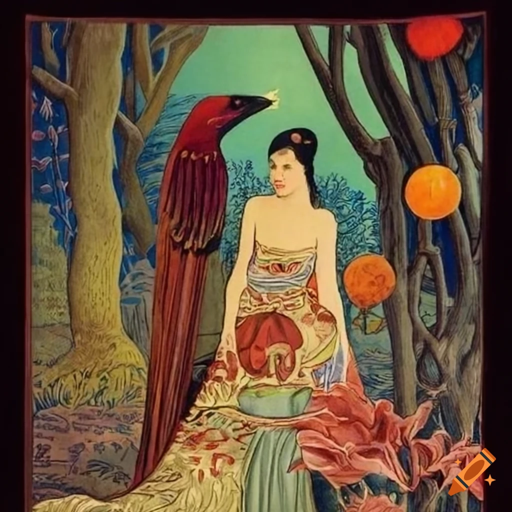 Illustration of a mystical curandera raven and mother goose in elegant ...