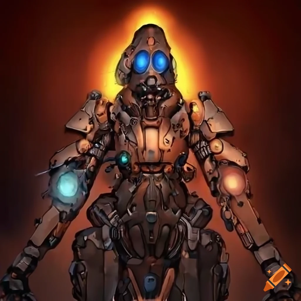 Close-up of a cyborg wizard mech with warm colors on Craiyon