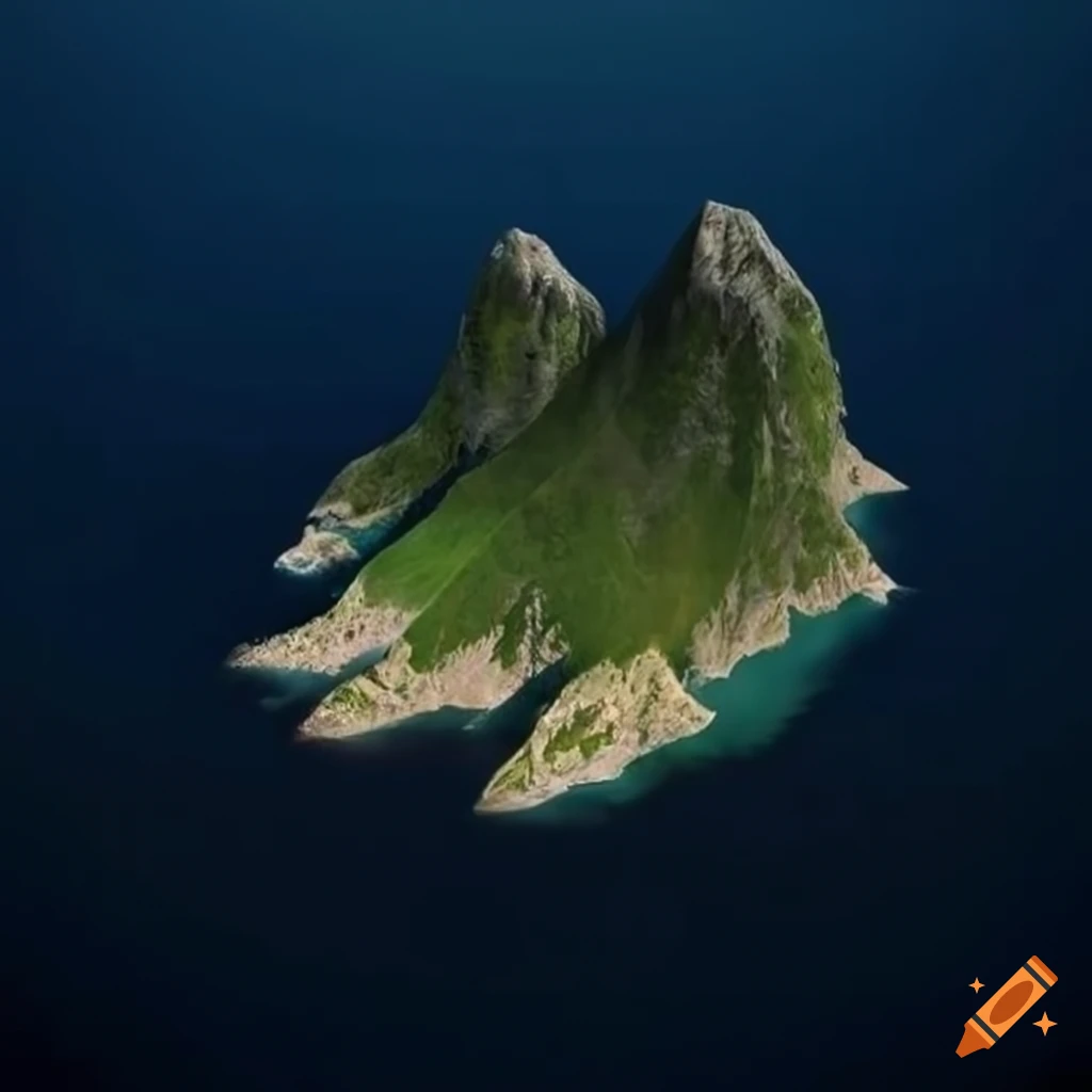 Scenic view of an island with two mountains on Craiyon