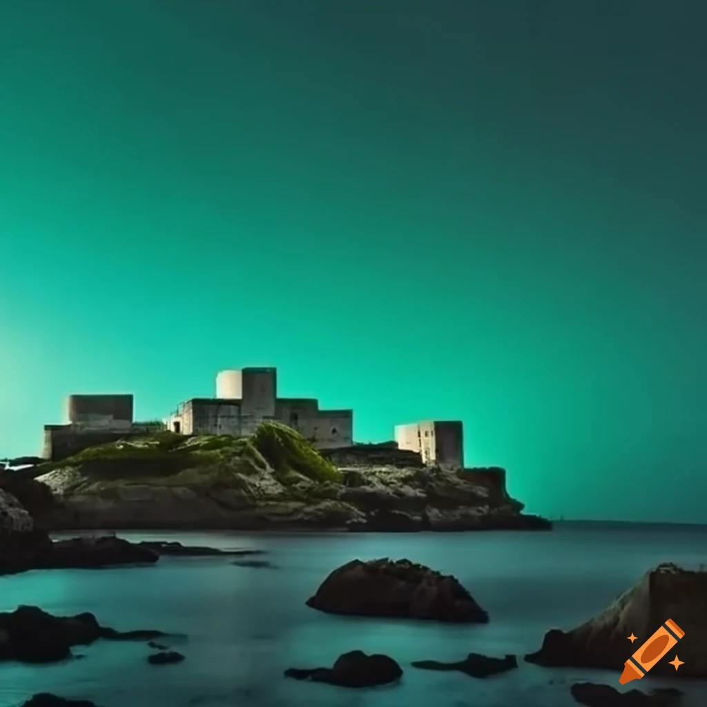Green night sky over a concrete town on rocky coast