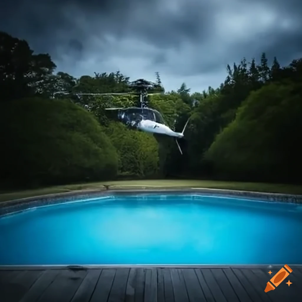 Helicopter crashing into a swimming pool