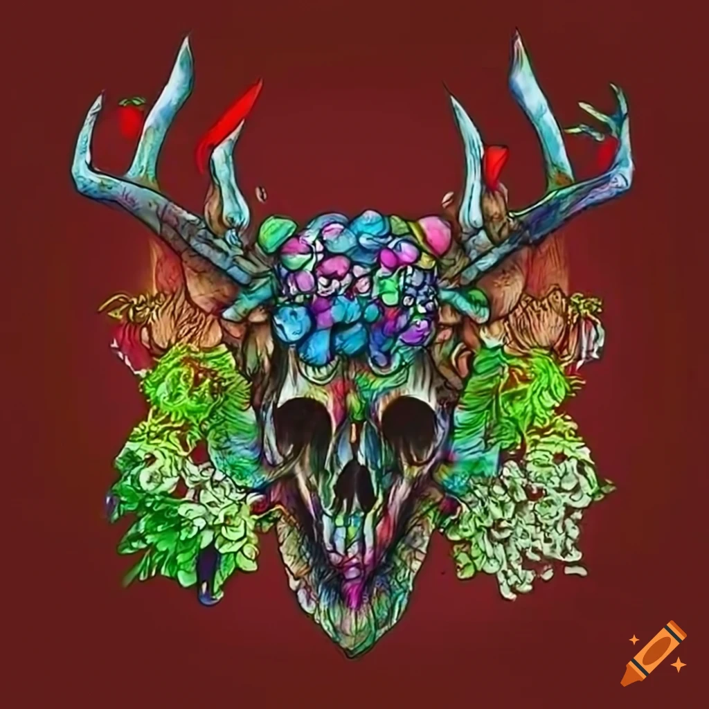 Detailed pencil drawing of a skull with large antlers on Craiyon