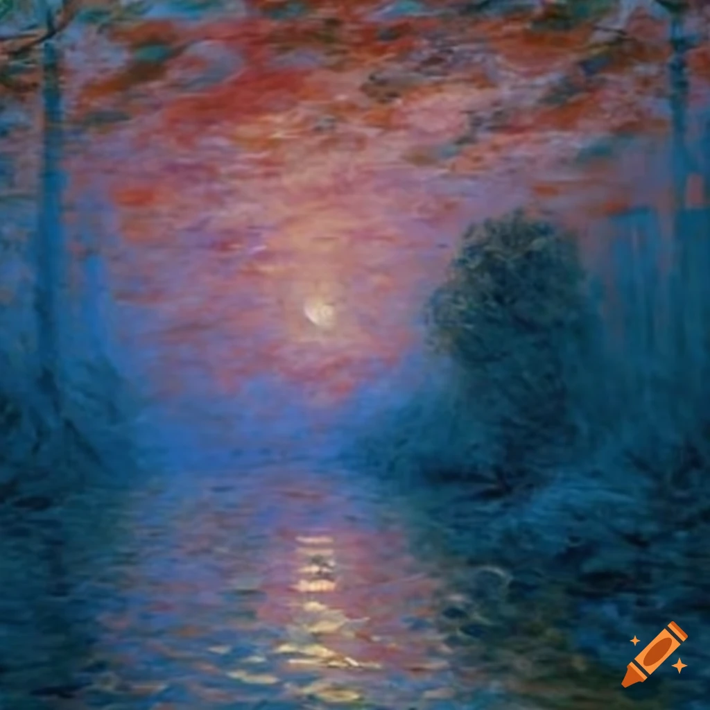 Evergreen forest in a claude monet style painting with a surreal touch ...