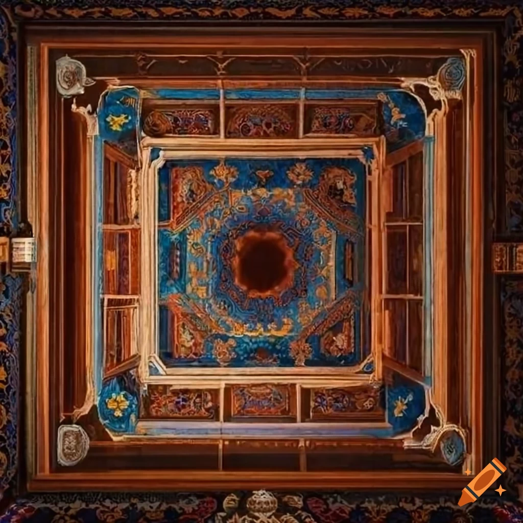 Top down view room plan of a colorful Khan hall room on Craiyon