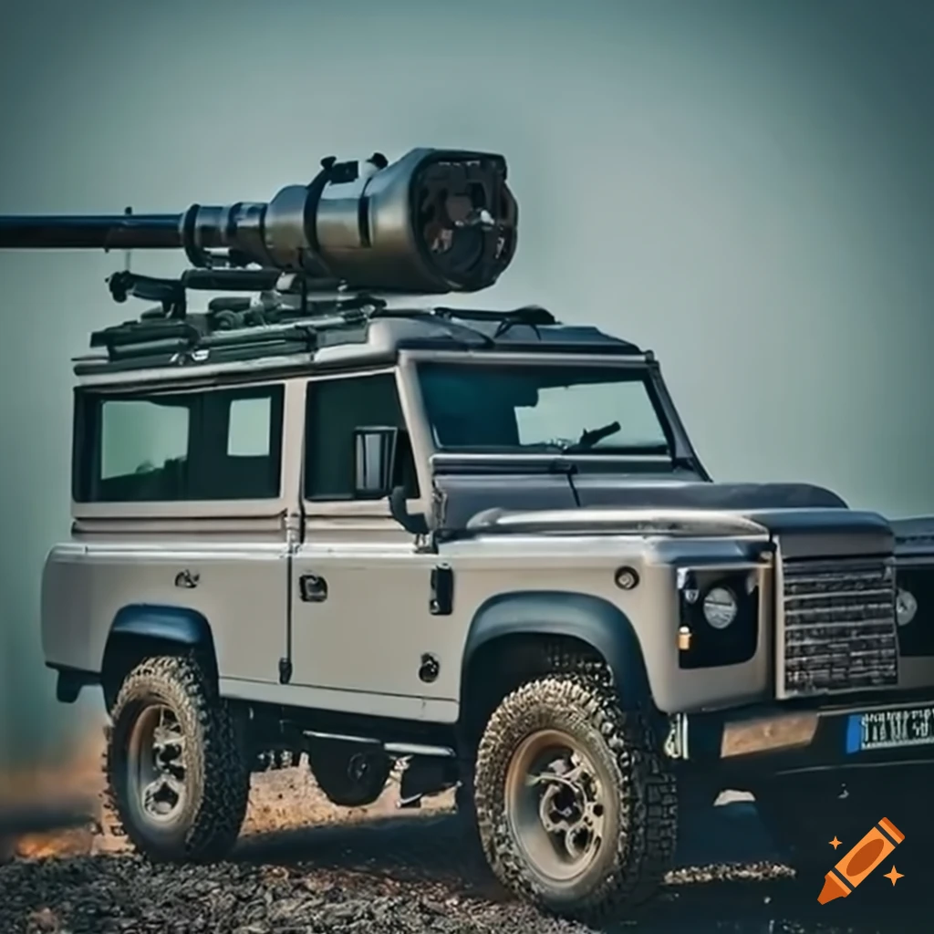 Land rover defender with gun turret on roof