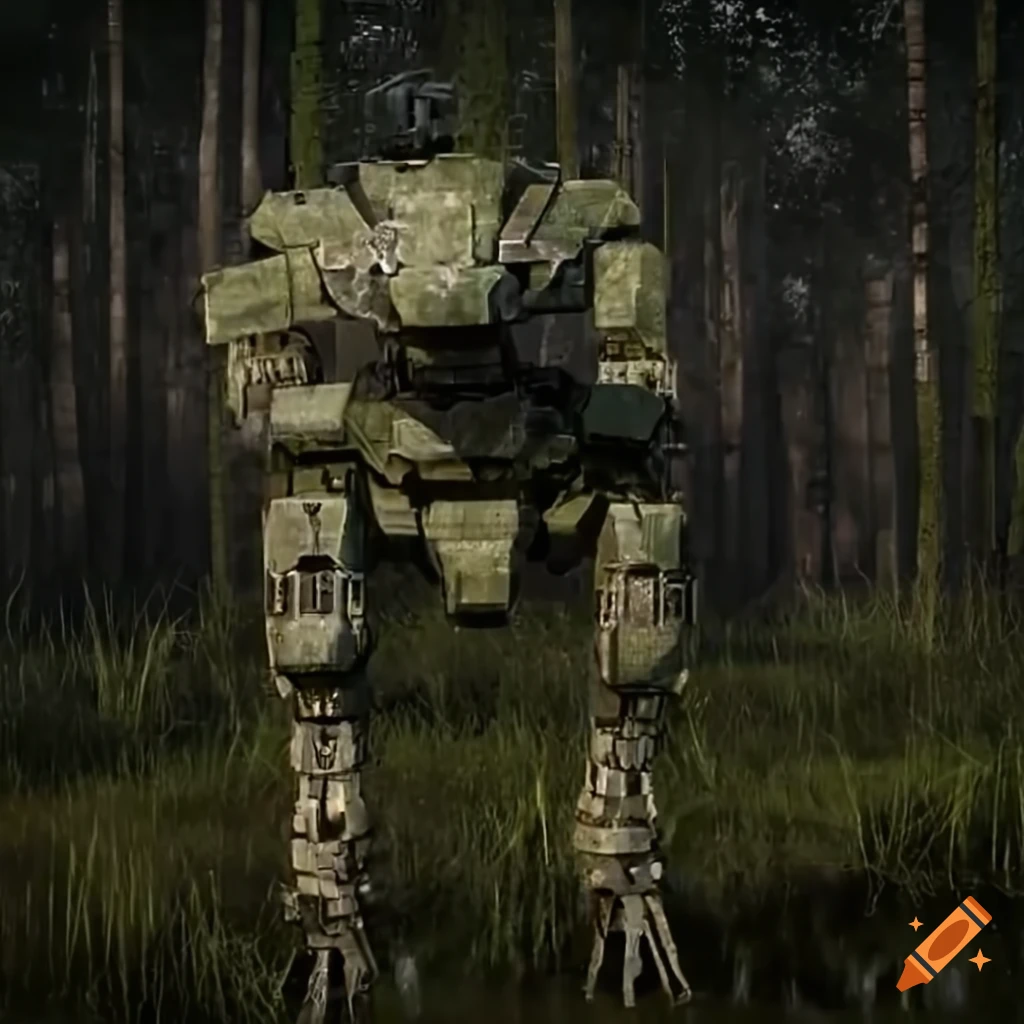 Camouflaged recon mech in a swamp on Craiyon