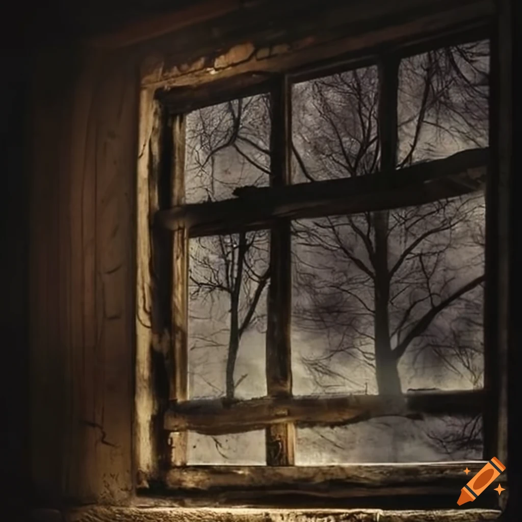 Eerie cabin window with shadow figures