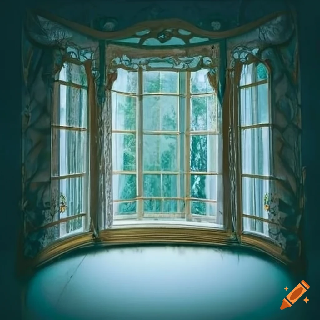 Bay window with lace curtains during a summer rainstorm on Craiyon