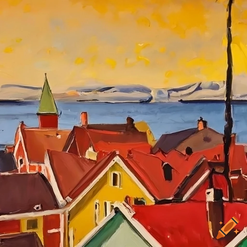 Oil painting of a colorful seaside town in winter on Craiyon
