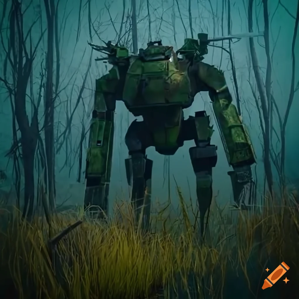 Light armored mech in a swamp at night