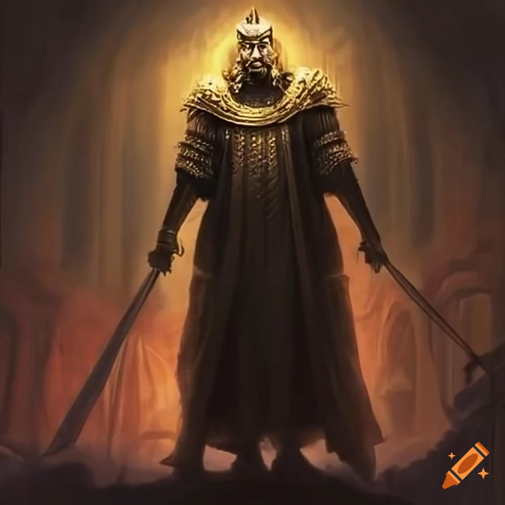 Image of king duncan with a sword in a misty setting on Craiyon