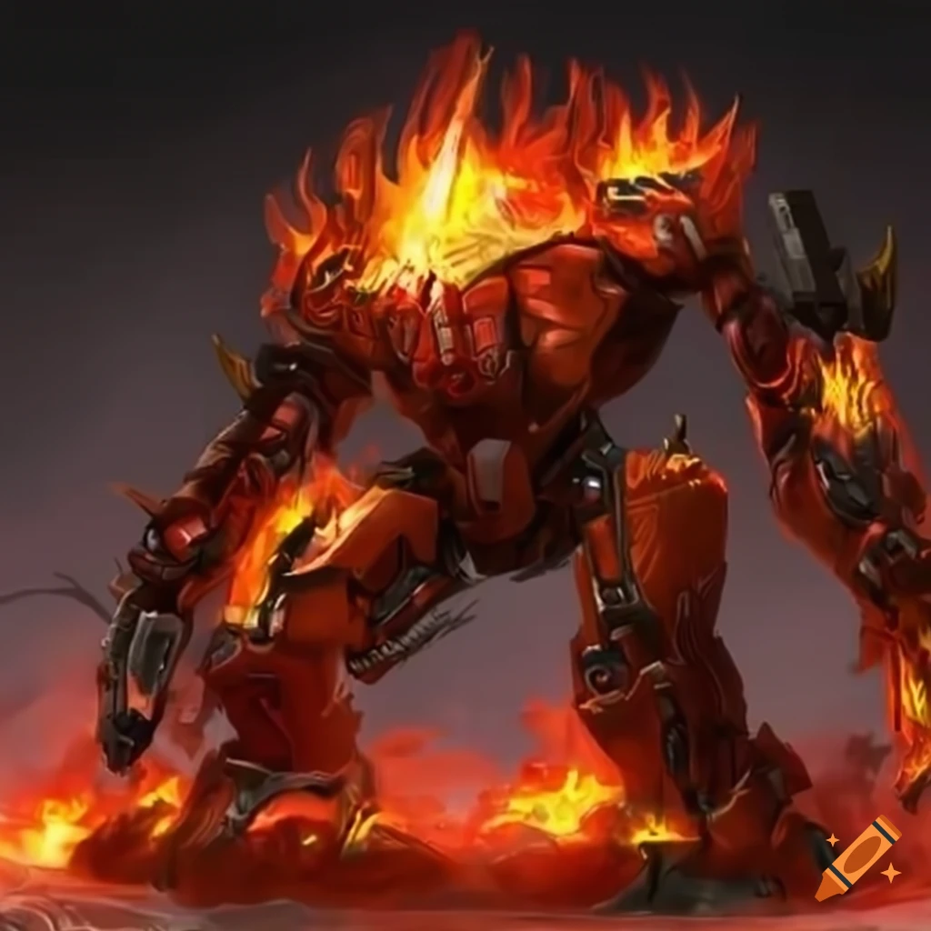 Digital art of a fiery demon mech on Craiyon