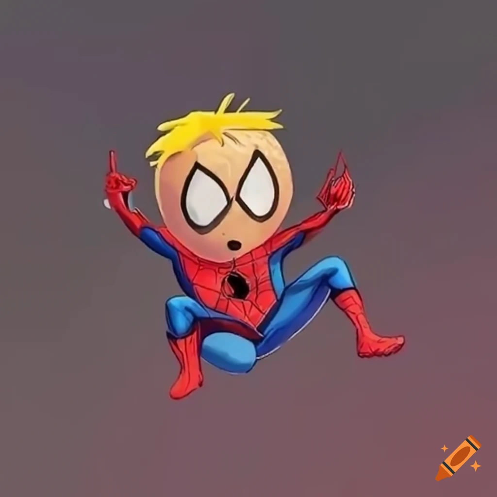 Satirical image of butters dressed as spider-man playing guitar on Craiyon