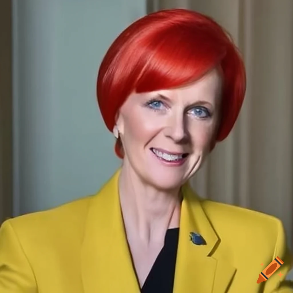 Image of a stylish female politician in a yellow tuxedo