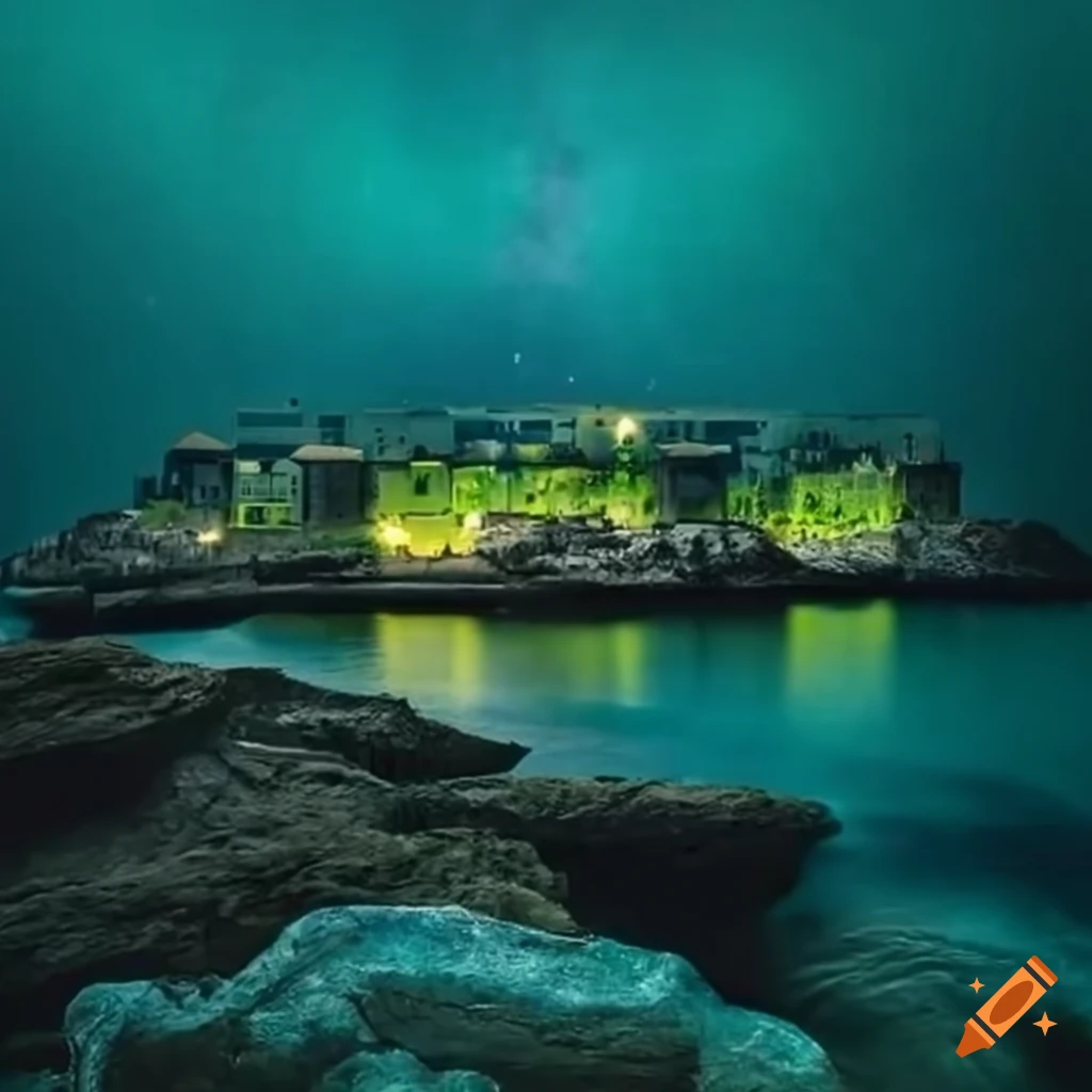 Green night sky over a concrete town on rocky coast
